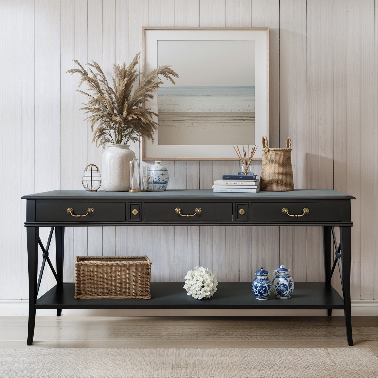 Shop Hamptons Halifax Side Cross 3 Drawers Console Hall Table Black Online