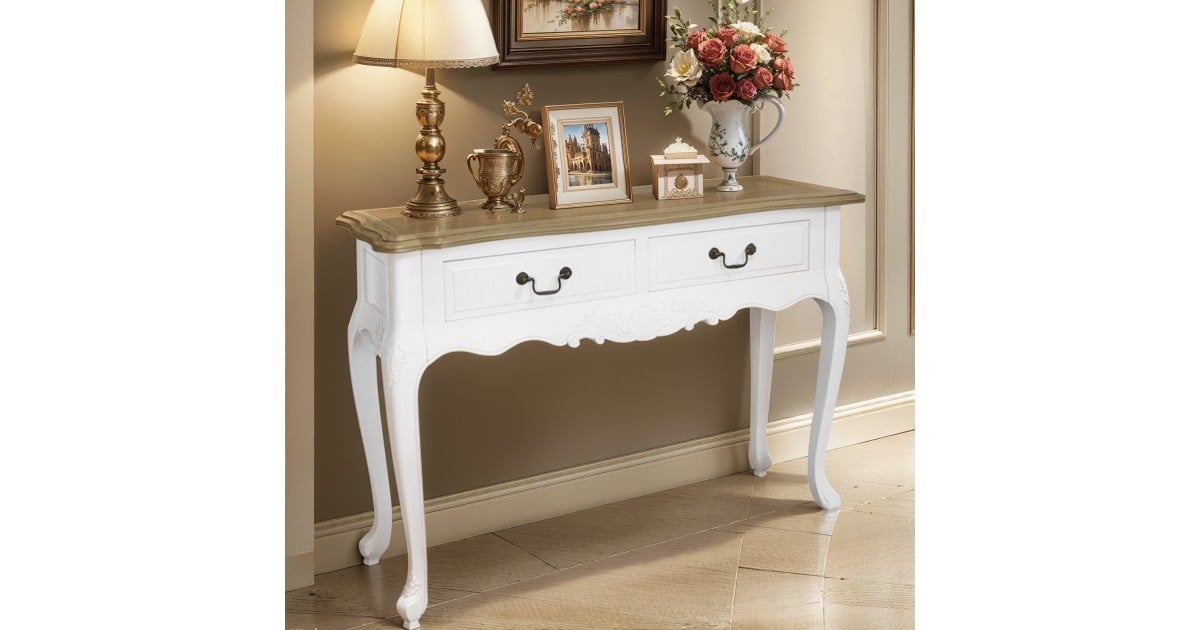 Shop French Provincial 2 Drawer White Console Hallway Table with Oak ...
