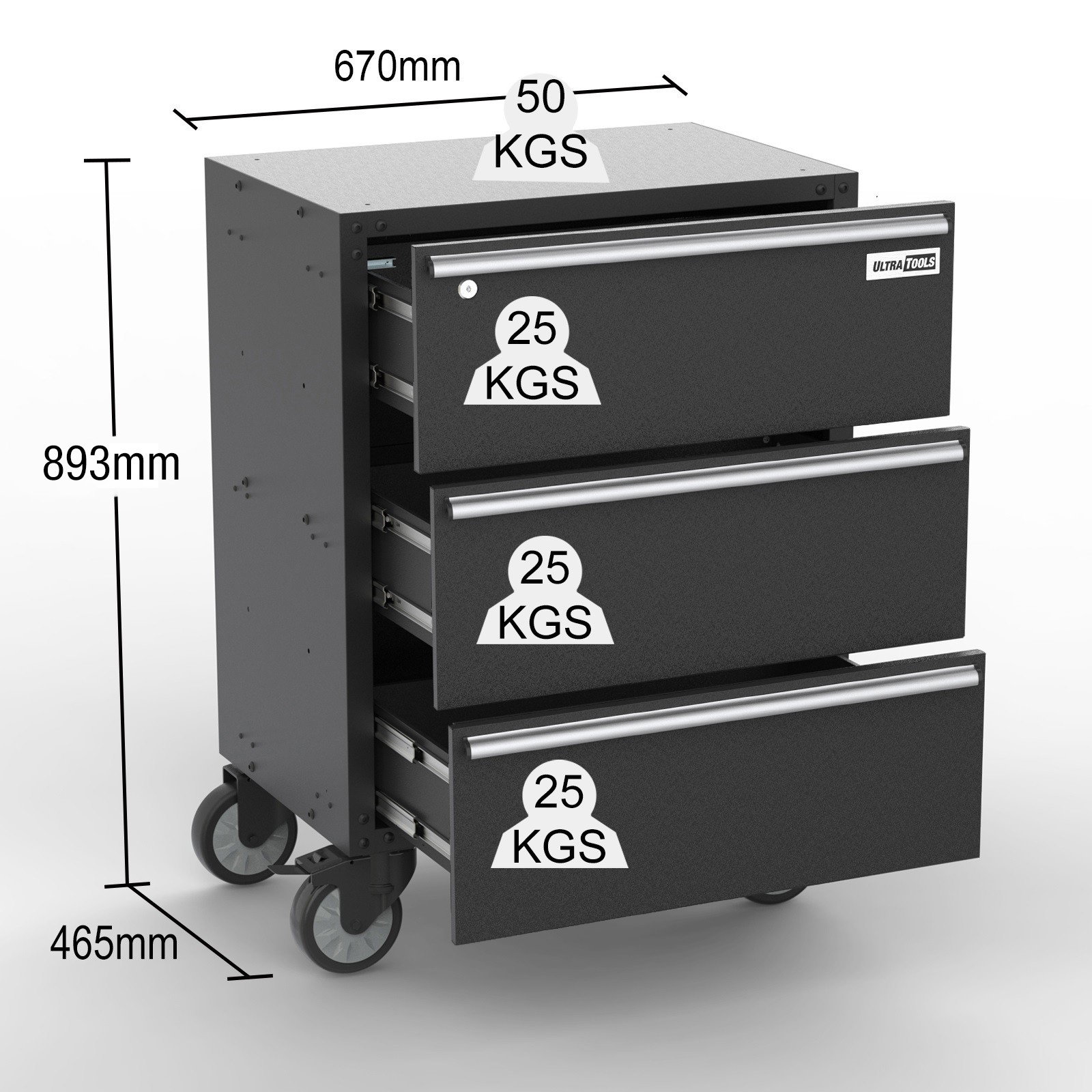 Shop Garage 3 Drawers Storage Cabinet - UltraTools 670mm x 465mm x ...