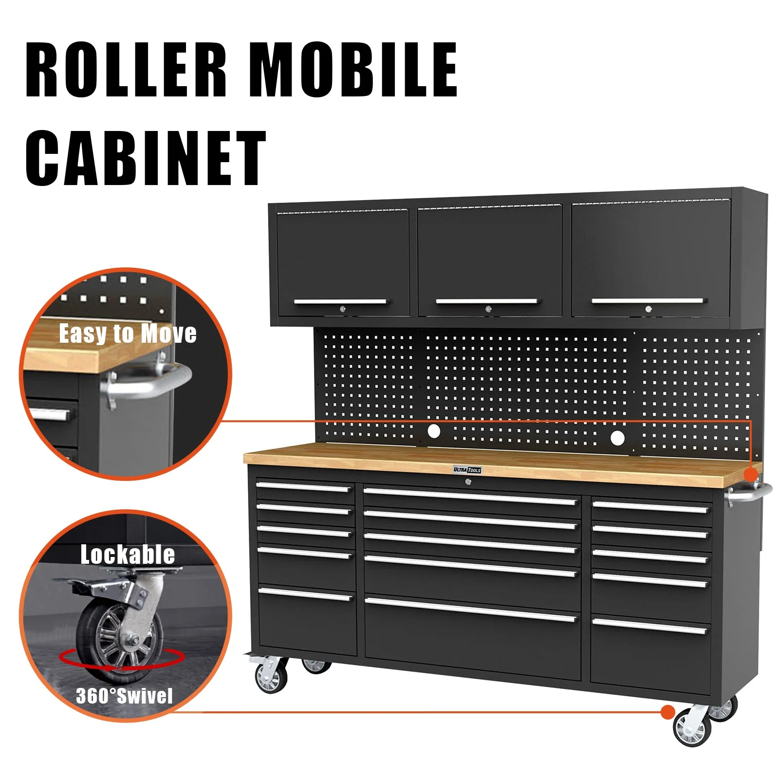 Shop UltraTools Black 72" Mobile Work Bench with 15 Drawers Tool Chest ...