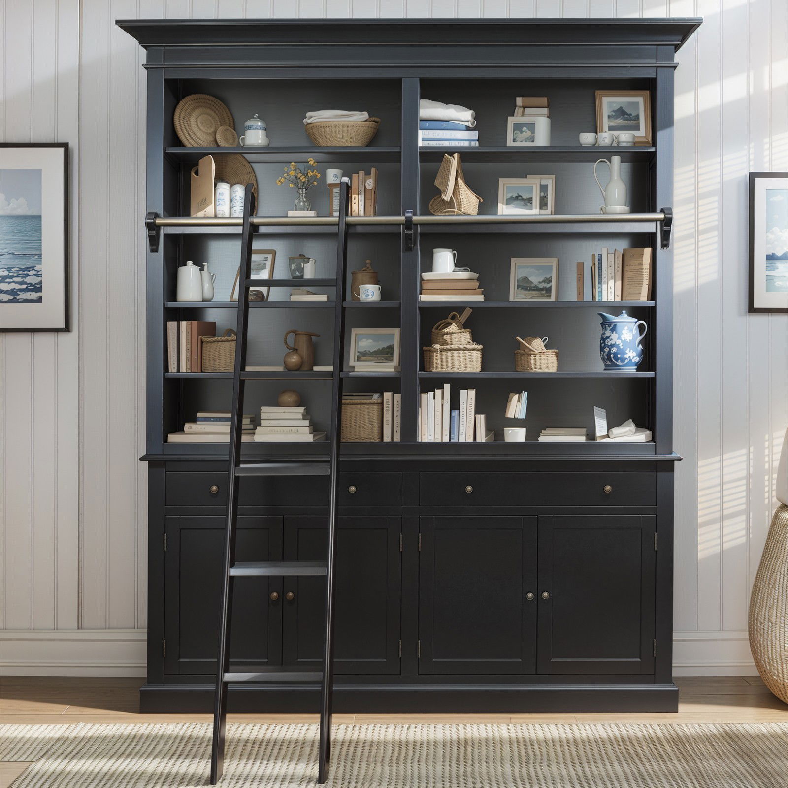 Shop French Provincial Hamptons Open Library Bookcase with Ladder in ...