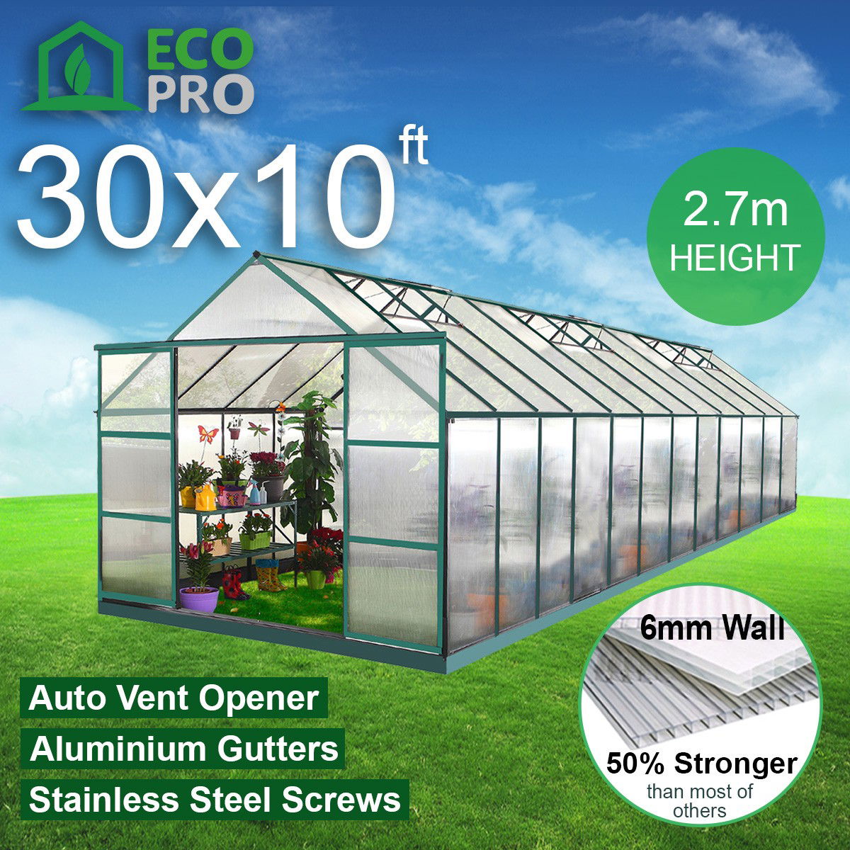 Shop EcoPro Greenhouse 10 x 10ft 6mm Panels 2.78m Height Online